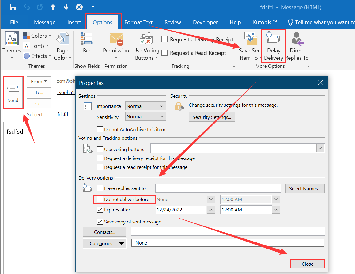 How to change the default time for delay delivery in Outlook?