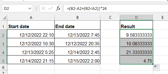 How to calculate hours between times after midnight in Excel?