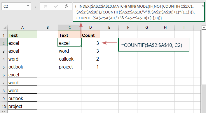 How to find the most frequent text with criteria in Excel?