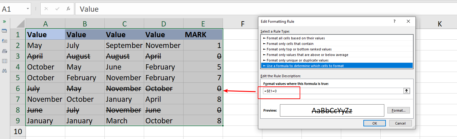 How to auto strikethrough based on cell value in Excel?