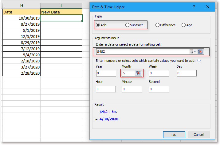 How to add/subtract half year/month/hour to date or time in Excel?