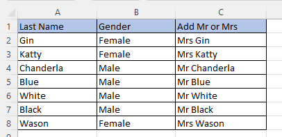 Excel: How to add Mr or Mrs to names