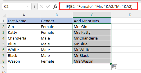 Excel: How to add Mr or Mrs to names