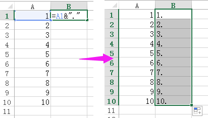How to add period after numbers list in Excel?