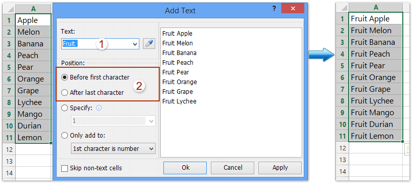 How to add prefix or suffix to range of cells in Excel?