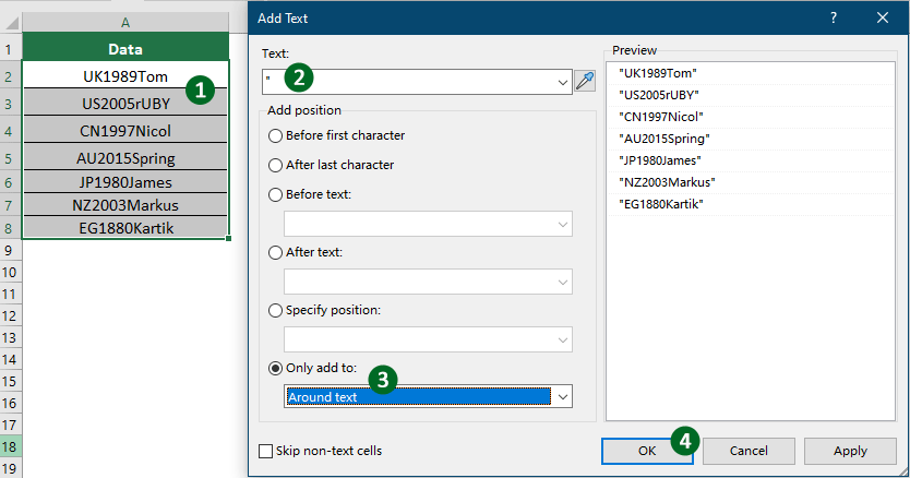 Enclose all cells in quotes or insert quotes around text in Excel
