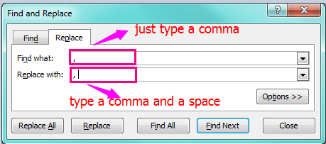 How to add spaces after commas in Excel?
