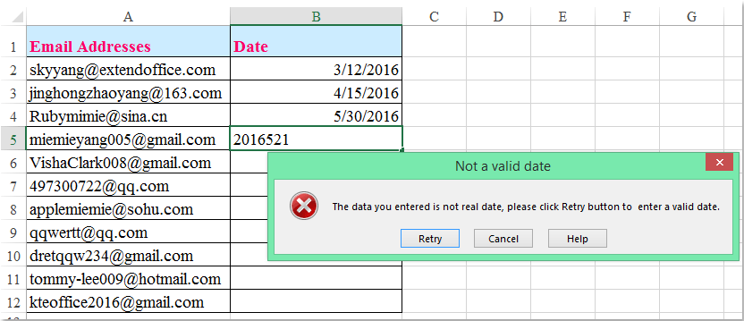 How to allow only date format in specific cells?