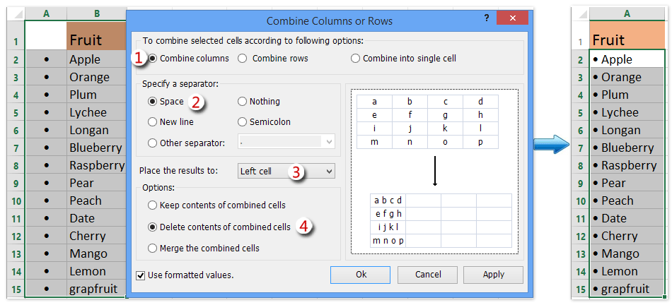 How to apply/add bullets and numbering into multiple cellsin Excel?