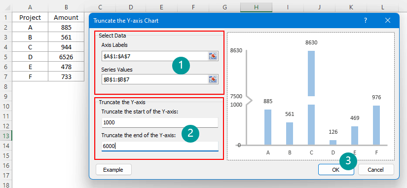 How to break chart axis in Excel?