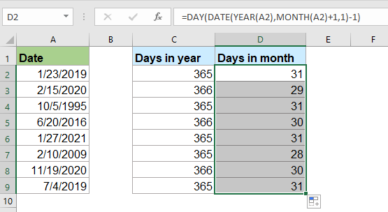 How to calculate number of days in a month or a year in Excel?