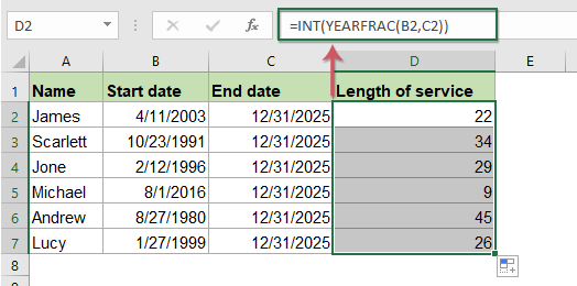 How To Calculate The Length Of Service From Hire Date In Excel