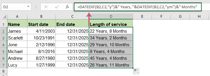 How To Calculate The Length Of Service From Hire Date In Excel 
