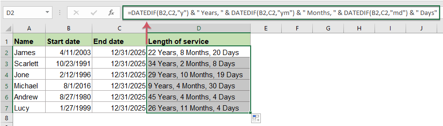How To Calculate The Length Of Service From Hire Date In Excel
