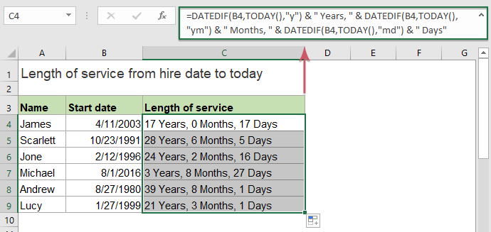 How To Calculate The Length Of Service From Hire Date In Excel 