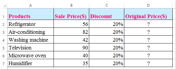 How to calculate original price from percentage discount in Excel?