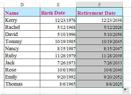 How to calculate retirement date from date of birth in Excel?