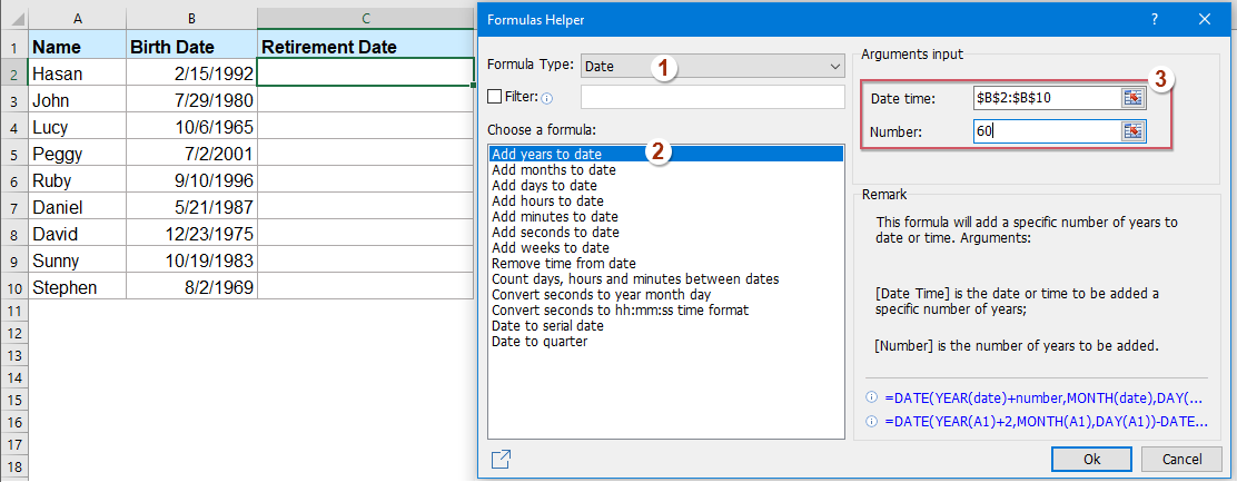 How to calculate retirement date from date of birth in Excel?