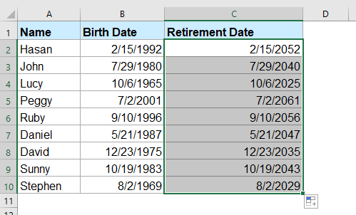 How to calculate retirement date from date of birth in Excel?