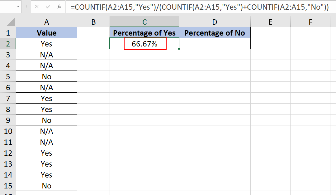 How To Calculate the Percentage of Yes and No Ignoring N/A in Excel?