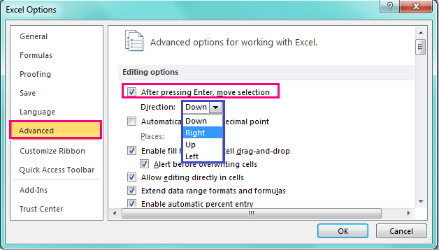 How To Change The Direction After Pressing Enter Key In Excel 