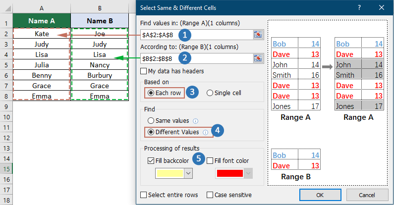 How to change color if two cells are not equal in Excel?