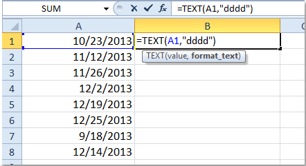 How to change multiple dates to day of week in excel?