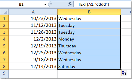 How to change multiple dates to day of week in excel?