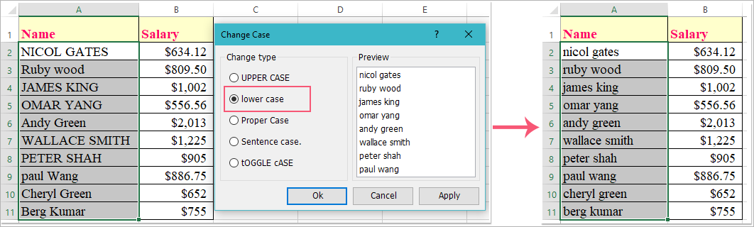 How to change uppercase to lowercase in Microsoft Excel?