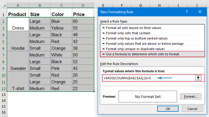 How to color alternate rows for merged cells in Excel?