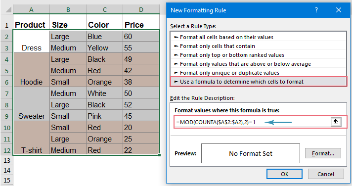 How to color alternate rows for merged cells in Excel?