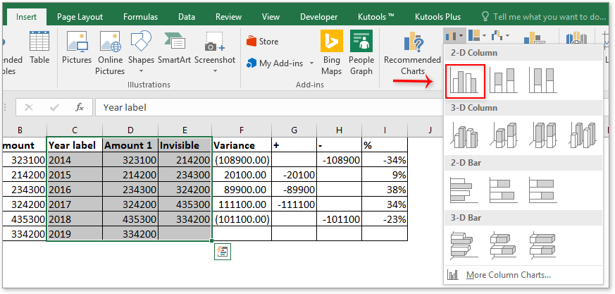 Step by step to create a column chart with percentage change in Excel