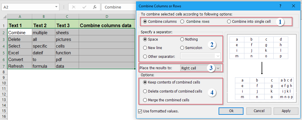 How To Combine Multiple Cells Into A Cell With Space Commas Or Other