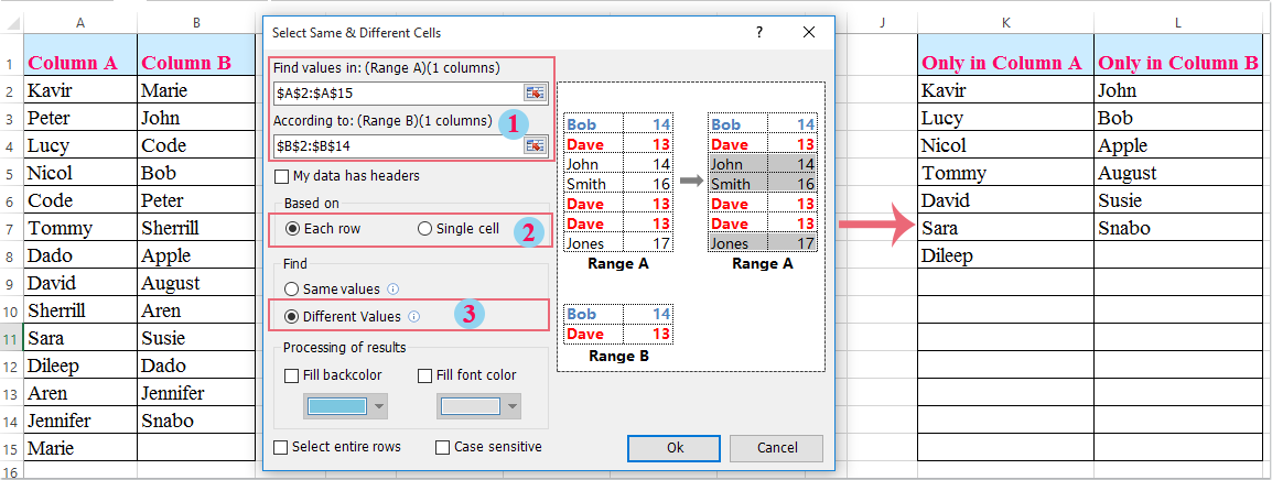 How to compare two columns and list differences in Excel?