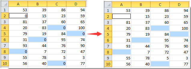 How to convert zero to blank in selected range in Excel?