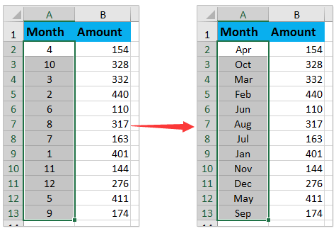 How to convert 1-12 to month name in Excel?