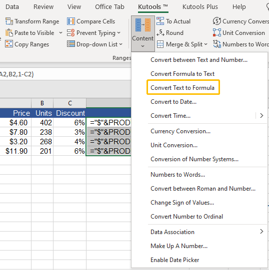 How to convert between formula and text/value