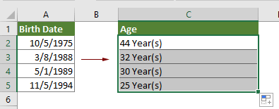 Calculate age (convert birthdate to age) quickly in Excel