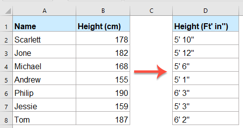 How to convert cm or m to feet and inches in Excel?