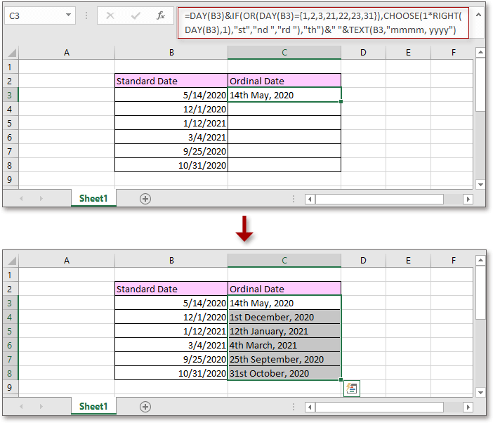 How to convert date to ordinal date format in Excel?