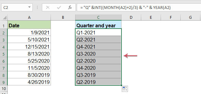 How to calculate quarter and year from date in Excel?