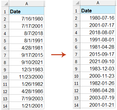 How to convert date to yyyy-mm-dd format in Excel?