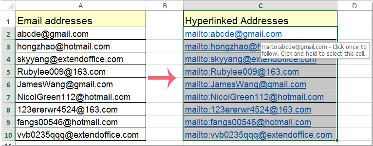 How To Convert Multiple Email Addresses To Hyperlinks In Excel 