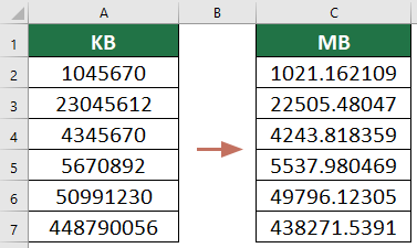 Easily convert between kb and mb, gb, tb and vice versa in Excel