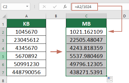 Easily convert between kb and mb, gb, tb and vice versa in Excel