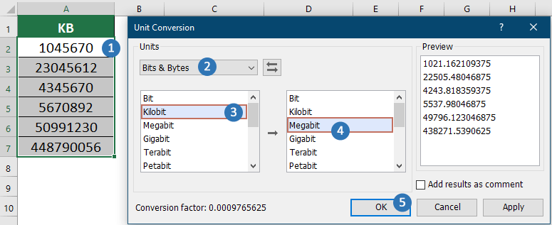 Easily convert between kb and mb, gb, tb and vice versa in Excel