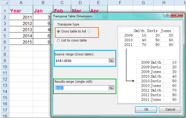 How to convert matrix style table to three columns in Excel?