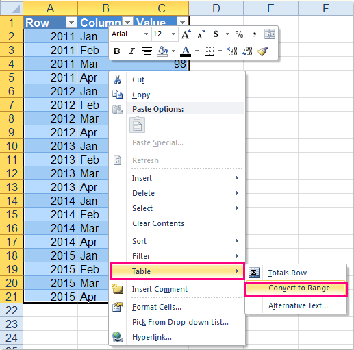 How to convert matrix style table to three columns in Excel?