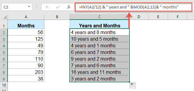 How to convert months to years and months in Excel?