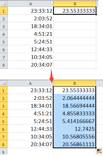 How to convert time to decimal hours/minutes/seconds in Excel?